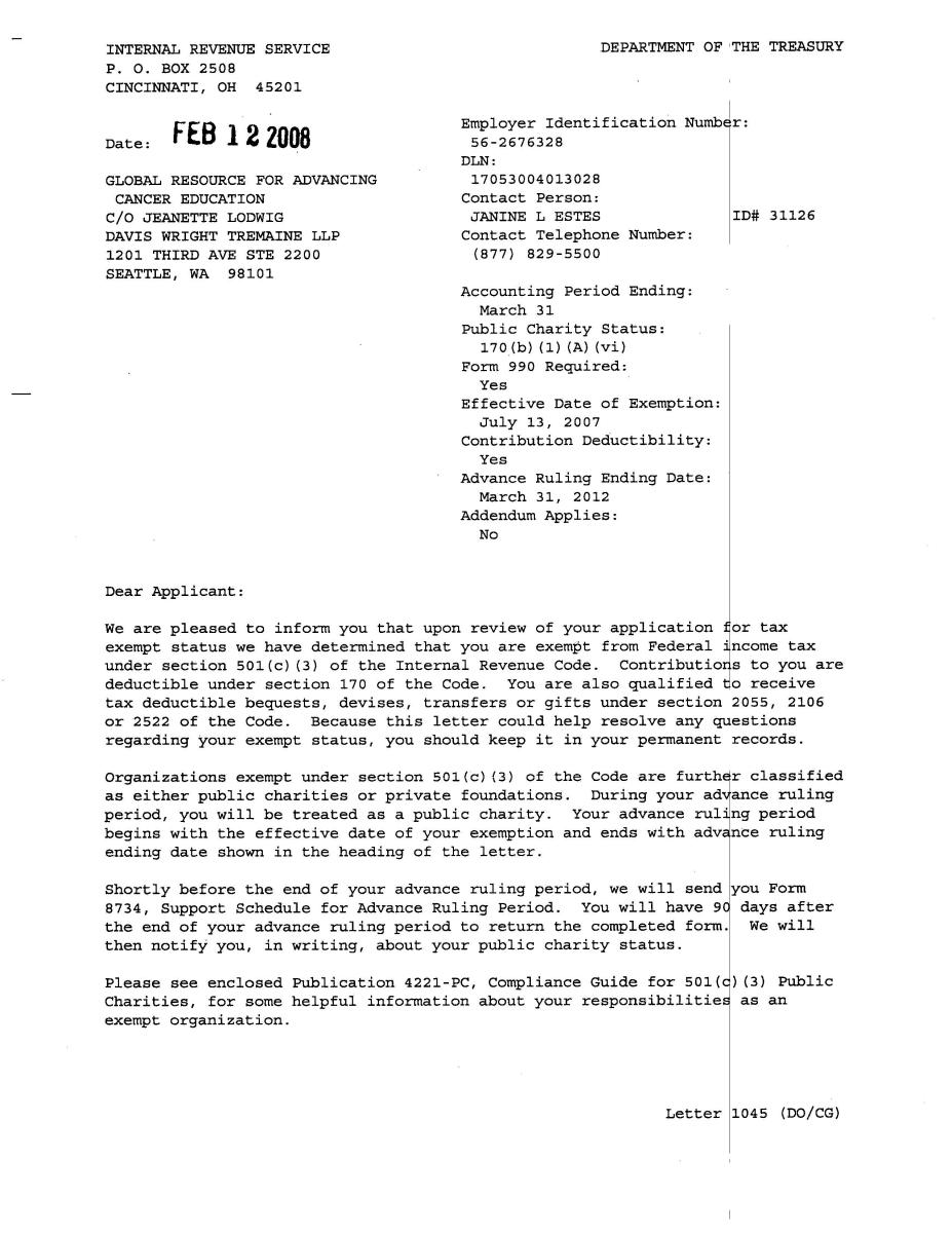 IRS Determination Letter | CancerGRACE